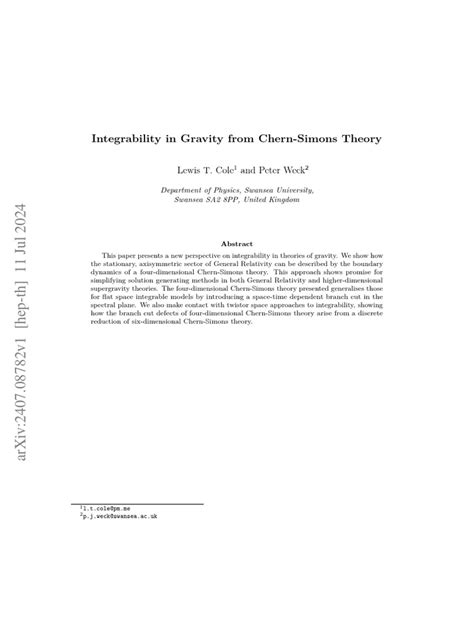 Integrability In Gravity From Chern Simons Theory Pdf Gauge Theory