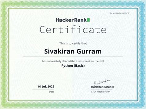 Sivakiran Gurram On Linkedin Pythonprogramming Hackerrank Python Srkr Certificateofcompletion