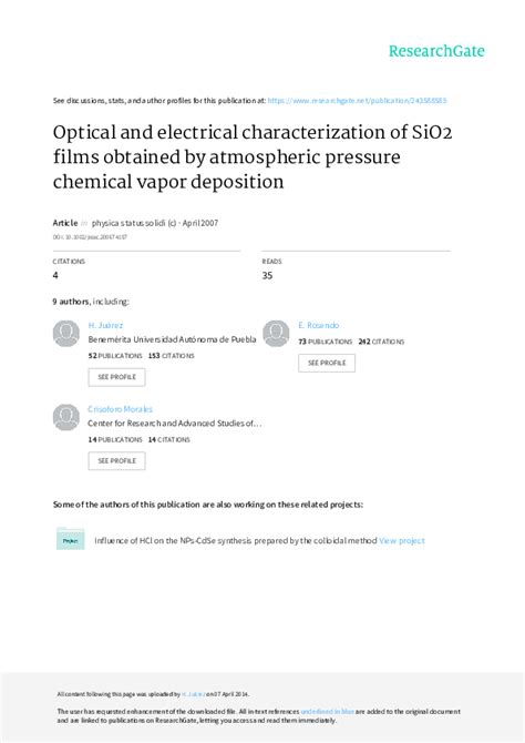 Pdf Optical And Electrical Characterization Of Sio2 Films Obtained By Atmospheric Pressure
