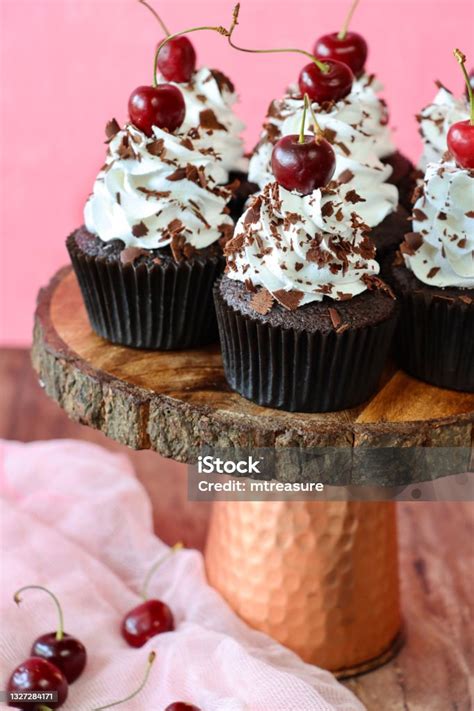 구리와 나무 케이크 스탠드에 갈색 종이 케이크 케이스에 수제 블랙 포레스트 가토 컵 케이크의 배치의 이미지 초콜릿 면도 핑크 모슬린 분홍색 배경 전경에 초점을 뿌려 모렐로