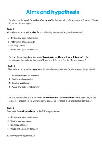 Aqa A Level Psychology Research Methods Aims And Hypothesis Teaching Resources