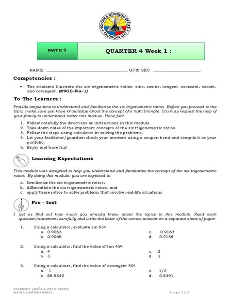Math 9 Q4 Week 1 Pdf Trigonometric Functions Trigonometry