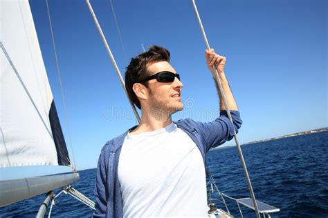 Skipper Standing On Sailing Boat Stock Image Image Of Navigation Skipper 64886293