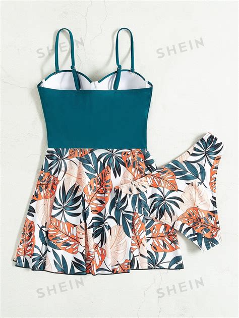 Shein Swim فستان سباحة بوش أب بطباعة استوائية مع لباس بيكيني سفلي شي إن