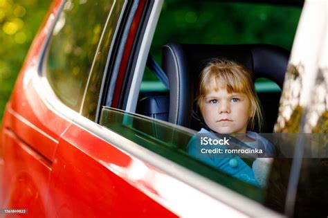 카시트에 앉아 봉제 인형을 들고 자연과 교통의 창 밖으로 바라보는 사랑스러운 유아 소녀 차로 여행하는 작은 아이 도로에 어린이 안전 가족 여행 및 휴가 관광객에 대한 스톡