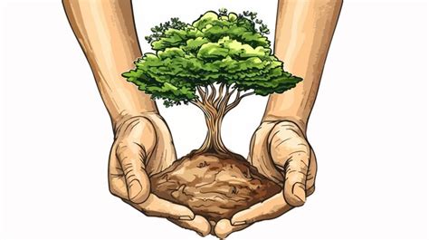Close Up Of Human Hands Holding Green Tree Handdrawn Premium AI Generated Vector