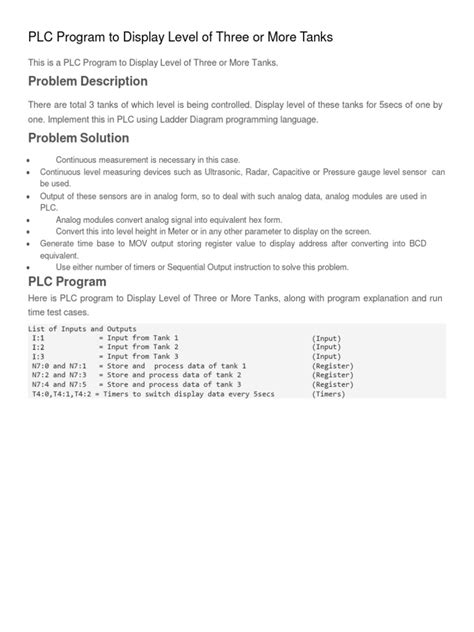 Plc Program To Display Level Of Three Or More Tanks Pdf