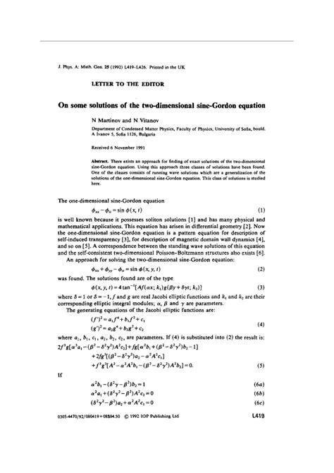 Pdf On Some Solutions Of The Two Dimensional Sine Gordon Equation
