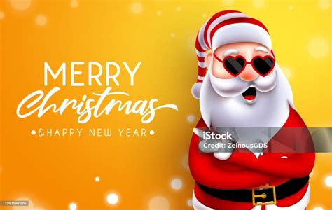 메리 크리스마스 인사말 벡터 디자인 행복한 크리스마스 휴가 시즌 축하를위해 하트 선글라스를 착용한 3d 멋진 산타 클로스 캐릭터가있는 메리 크리스마스 텍스트 산타 클로스에