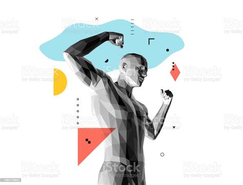 진정한 승자로 공중에 두 손을 들고 챔피언 승리와 자유 강한 남자가 손을 들고 스포츠 기호 리더십 또는 운동 보디 빌딩 개념 벡터 그림입니다 사람들에 대한 스톡 벡터 아트