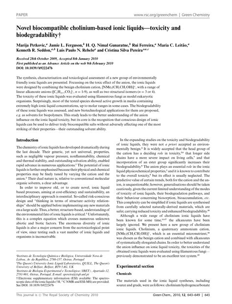 Pdf Novel Biocompatible Cholinium Based Ionic Liquids Toxicity And