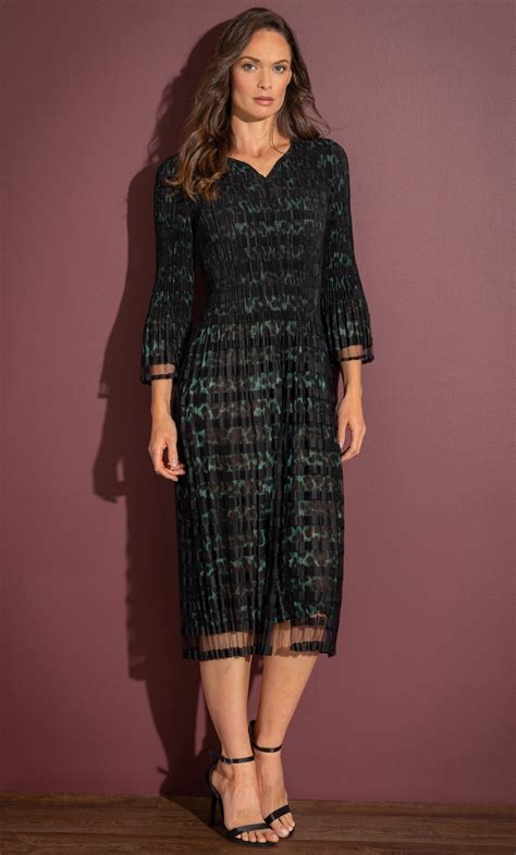 Mesh Layer Pleated Animal Print Midi Dress In Black Klass