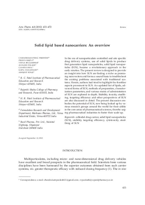 Pdf Solid Lipid Based Nanocarriers An Overview