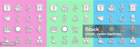 기도 하는 위치에 정렬 손 기독교 십자가 예수 종교적 심장 거룩한 물 병 비둘기 온라인 교회 목사 설교와 교회 종 아이콘 벡터 Krampus에 대한 스톡 벡터 아트 및 기타