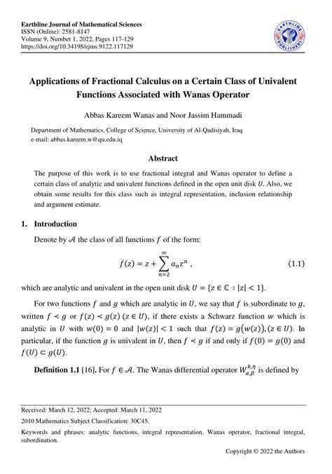 Pdf Applications Of Fractional Calculus On A Certain Class Of