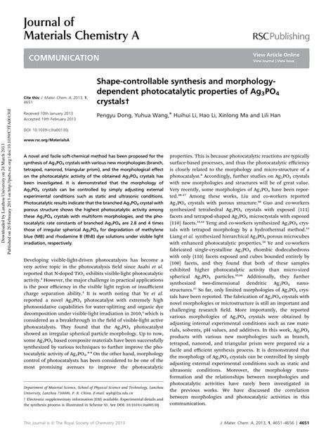 Pdf Shape Controllable Synthesis And Morphology Dependent Photocatalytic Properties Of Ag3po4