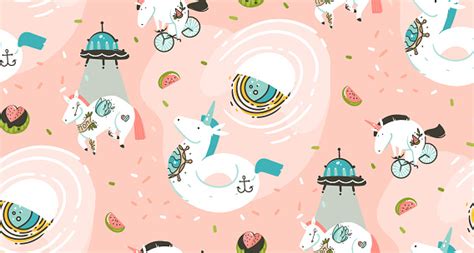 손으로 그린된 벡터 추상적인 그래픽 창작 만화 일러스트 원활한 패턴 분홍색 배경에 고립 된 우주에 있는 행성 혜성 우주선 구식 문신 우주인 유니콘 개념에 대한 스톡 벡터