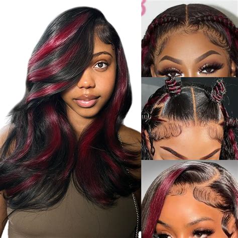 Futgk Ombre Burgundy Skunk Stripe Wig Lace Front Human