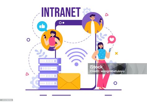 인트라넷 인터넷 네트워크 연결 기술 평면 만화 배경에서 기밀 회사 정보 및 웹 사이트를 공유하는 벡터 일러스트 0명에 대한 스톡 벡터 아트 및 기타 이미지 Istock