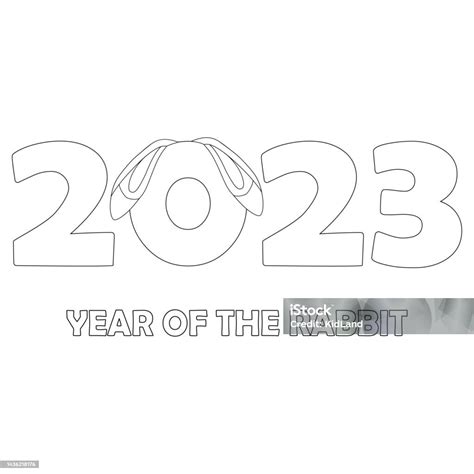 무색 만화 토끼 귀 번호 2023 토끼를 2023 새해의 상징으로 삼은 색칠 공부를위한 흑백 템플릿 페이지 블랙 윤곽선 실루엣 토끼 아이들을위한 워크 시트 또는 인사말 카드