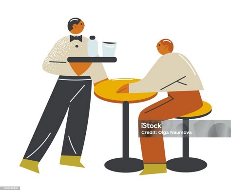 오픈 베란다에서 남자 손님에게 음료와 음식을 제공하는 젊은 웨이터 개념에 대한 스톡 벡터 아트 및 기타 이미지 개념 남자