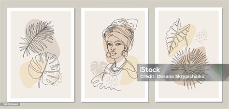 아프리카 여성과 열대 나뭇잎의 초상화 라인 아트 벽 예술 포스터 표지 세트 머리를 감싸고 손바닥 몬스테라 알로시아의 잎을 가진