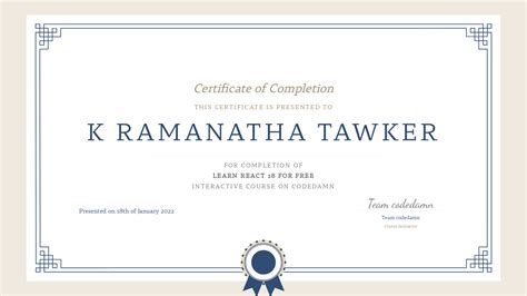 K Ramanatha Tawkers Certification For Learn React 18 For Free Codedamn