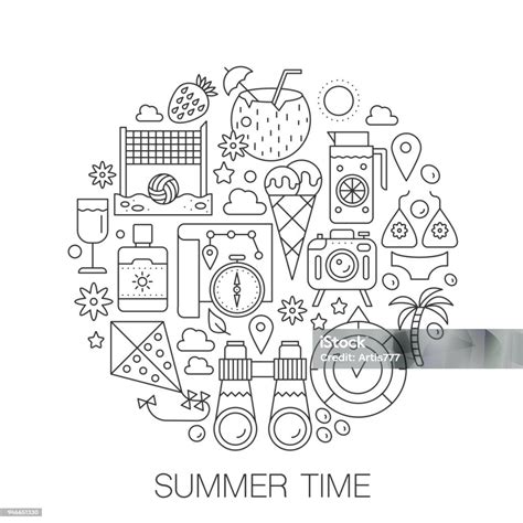 원형덮개 휘장 배지 개념 선 그림에에서 여름 시간 여름철 휴가 여행 선 스트로크 아이콘 설정합니다 개념에 대한 스톡 벡터 아트