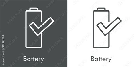 Símbolo de batería cargada Batería con tilde Icono plano lineal en fondo gris y fondo blanco
