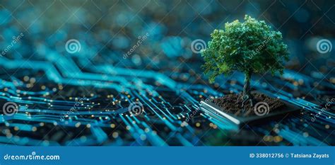tree growing on converging point of computer circuit board green