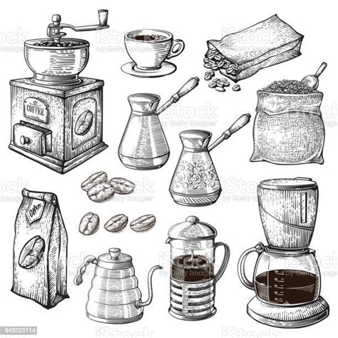 커피 손으로 그린 컬렉션입니다 터크 그림 세트 스케치 콩 메이커 주전자 컵 라 떼 계 피 가방 컵 커피 마실 것에 대한 스톡