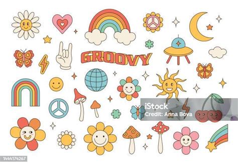 그루비 히피 70 년대 세트 재미 있은 만화 꽃 무지개 평화 사랑 심장 데이지 버섯 등 트렌디한 복고풍 사이키델릭 만화 스타일의