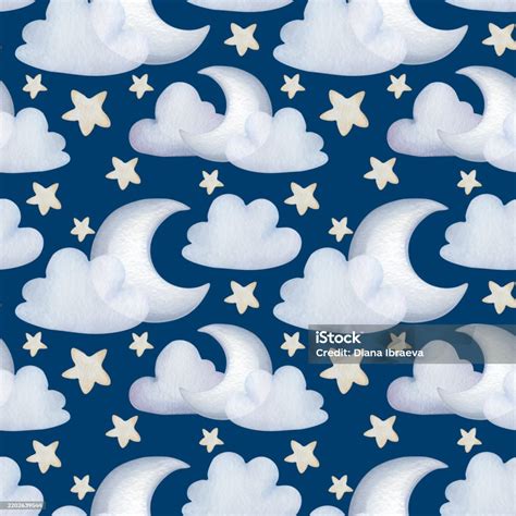 구름 달 별이 있는 아름 다운 완벽 한 패턴입니다 진한 파란색 배경에 완벽 한 패턴입니다 소녀 배경 및 섬유 제품에 대한 패턴 Ai가 아닌 수제 수채화 0명에 대한 스톡