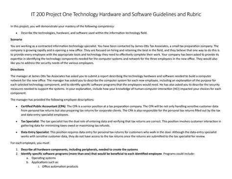 It 200 Project One Technology Hardware And Software Guidelines And Rubric You Have Been