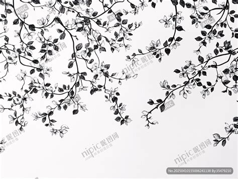 Ai创作图黑白 花枝 图案 背景 枝叶 线条 装饰 轮廓 花卉 简约 艺术 纹样 剪影 植物 自然 昵图网