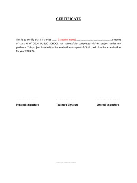 Class 11 Project Completion Certificate Pdf
