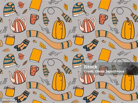 호박 찻주전자 스카프 모자 벙어리장갑 양말 책이 있는 아늑한 가을 이음매 없는 패턴 Doodle Color 가을 벡터 장식 벽지 섬유 포장 패키지 시즌 디자인 10월에 대한