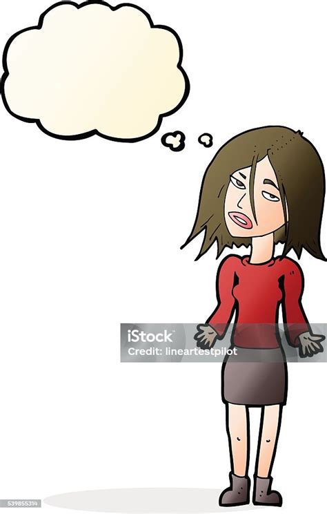 말풍선이 있고 어깨를 으쓱하는 여자 만화 캐릭터 귀여운에 대한 스톡 벡터 아트 및 기타 이미지 귀여운 그리기 기이함