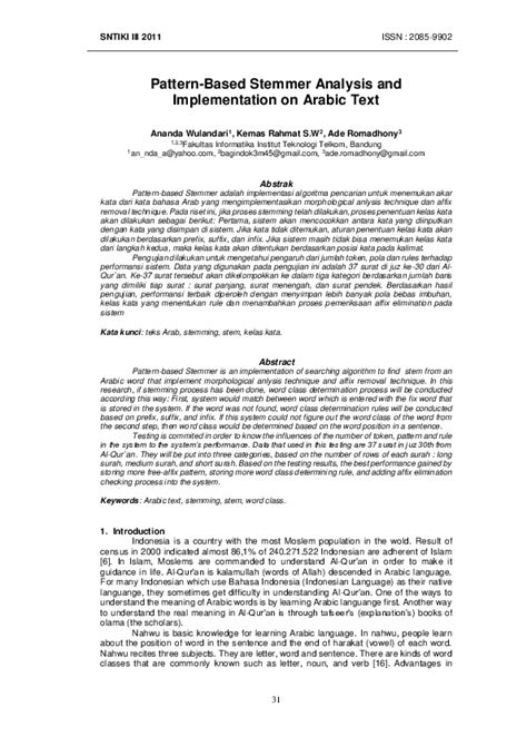 Pdf Pattern Based Stemmer Analysis And Implementation On Arabic Text