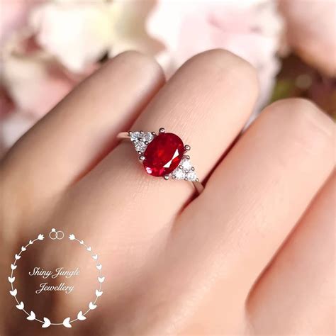 2 Carats Three Stone Ruby Ring Oval Genuine Lab Grown Ruby Engagement