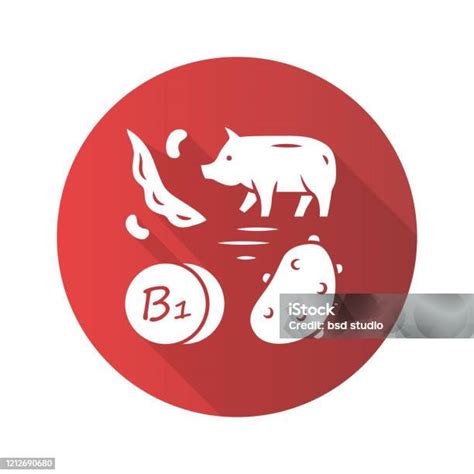 비타민 B1 레드 플랫 디자인 긴 그림자 문 고 아이콘 감자 돼지고기 녹색 콩 티아민 천연 식품 소스 야채 육류 제품 미네랄 항산화제 벡터 실루엣 일러스트레이션 비타민 B