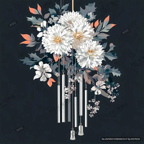 Ai创作图花朵 风铃 插画 白菊花 叶子 装饰 金属管 铃铛 花卉 植物 图案 唯美 艺术 设计 深色背景 昵图网
