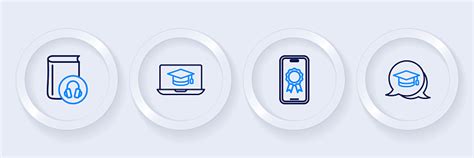 말풍선의 졸업 모자를 설정하고 졸업장 노트북 및 오디오 북 아이콘이있는 온라인 교육 벡터 대화 풍선 문자 기호에 대한 스톡 벡터 아트 및 기타 이미지 Istock