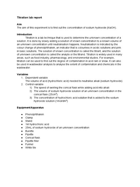 Titration Lab Report Pdf Titration Chemistry