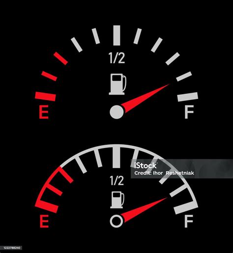 연료 의 게이지 가스 가솔린의 기지 자동차에 가솔린 또는 디젤의 전체 또는 빈 탱크 트럭의 대시 보드에 화살표가있는 표시기 측정 전력 패널 자동차 및 드라이브 배경 벡터