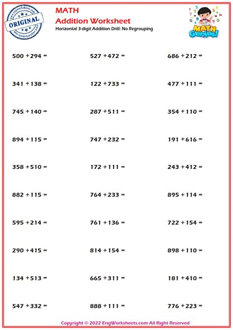 Horizontal 3 Digit Addition Drill No Regrouping Worksheets And Exercise Engworksheets