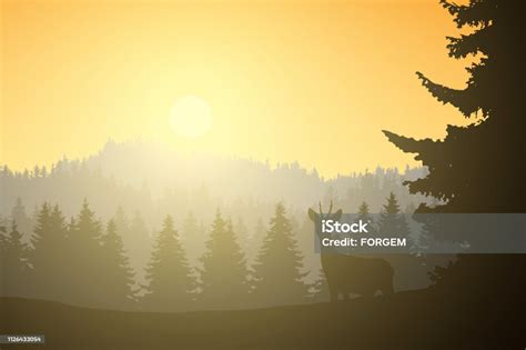 현실적인 그림 벡터의 침 엽 수 숲과 사슴 햇빛과아침 노란 하늘 아래 산 풍경 태양광선에 대한 스톡 벡터 아트 및 기타 이미지 태양광선 사슴 산 Istock