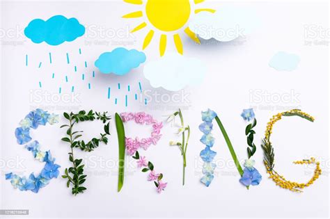 흰색 배경에 꽃과 허브로 만든 단어 봄 봄 창조적 인 꽃 구성 봄 날씨 공예 개념 플랫 레이 개념에 대한 스톡 사진 및 기타 이미지 Istock