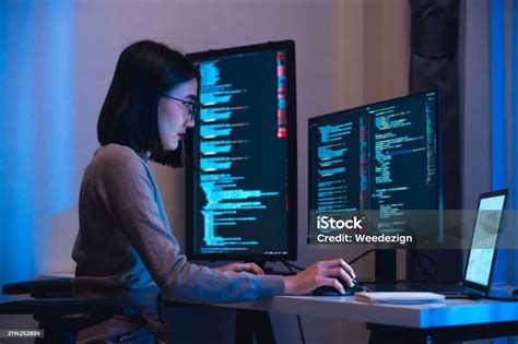 Asian Woman Developer Devops Coding Software Data Working At Night In