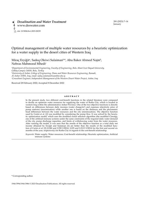Pdf Optimal Management Of Multiple Water Resources By A Heuristic Optimization For A Water